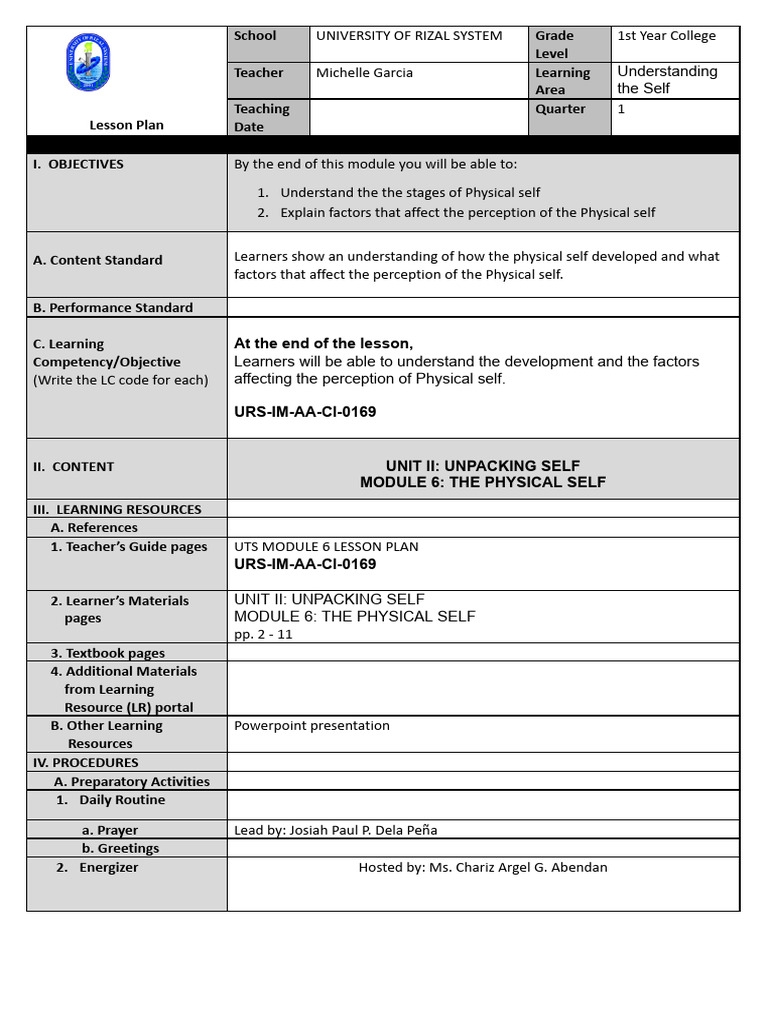 Self 1 Module 6 Lesson Plan 6 | PDF | Self Concept | Attitude (Psychology)