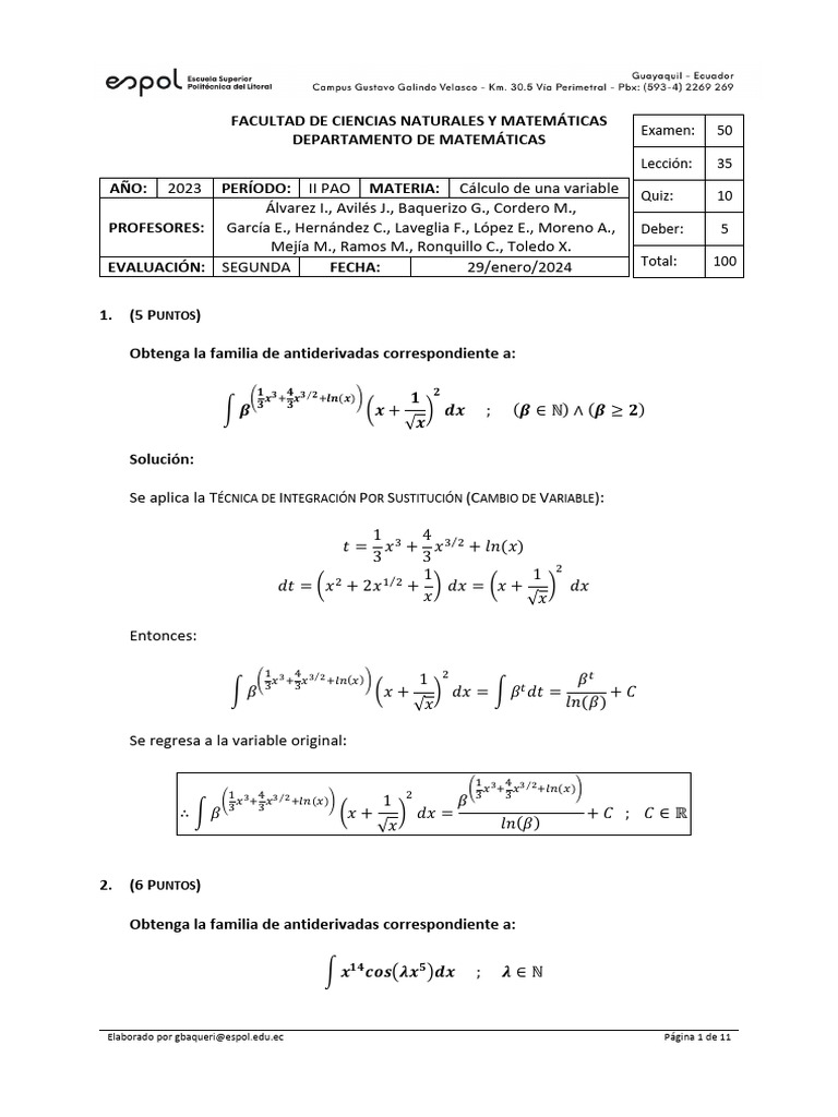 2023 II PAO CUV Ex2 Presencial Solución | PDF | Integral | Objetos matemáticos