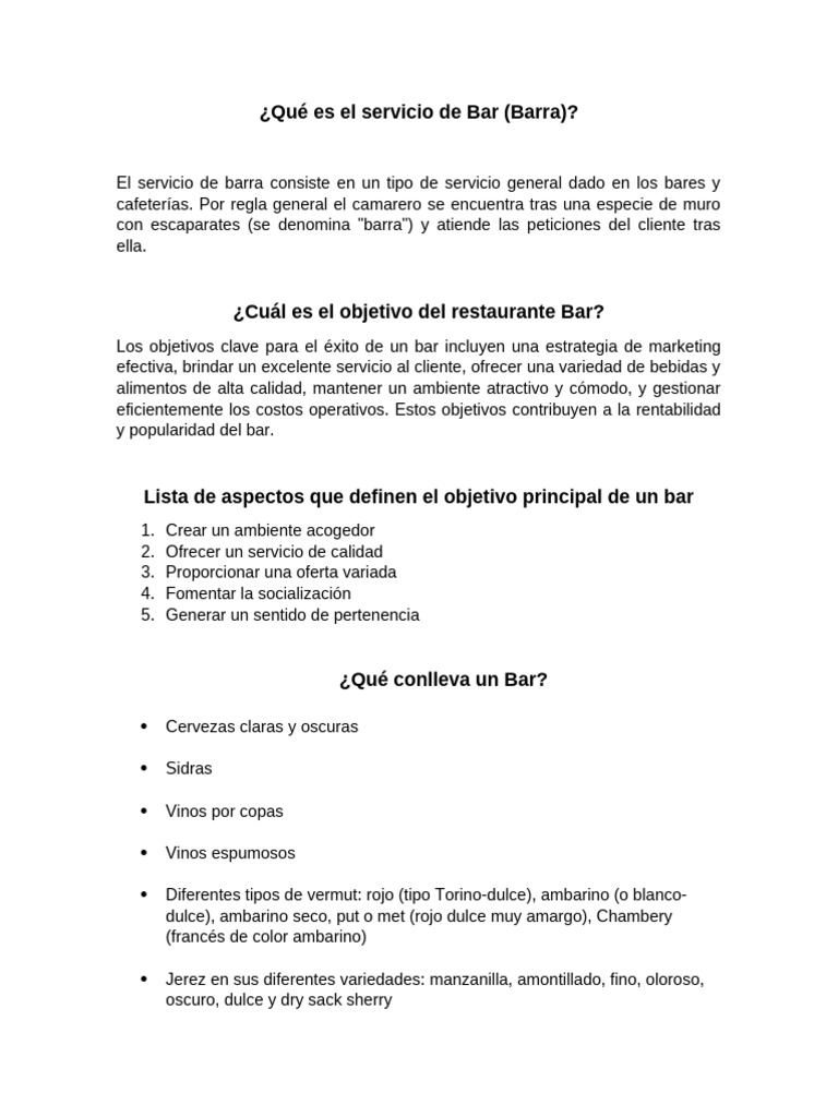 Servicio de Bar: Objetivos y Funciones | PDF | Vino | Ron