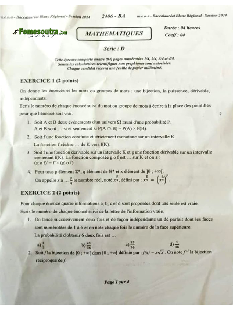 Bac Blanc 2024 Maths Serie D Sujet+barème Dren Abidjan 2 | PDF