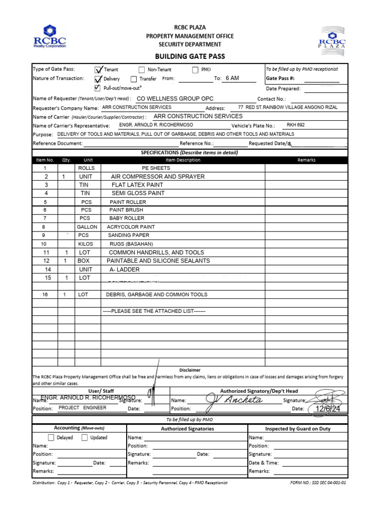 Building Gate Pass Form Template | PDF