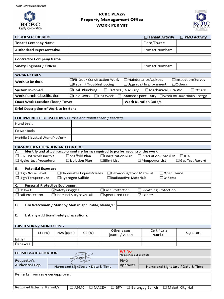 RCBC Plaza Work Permit 120524 New | PDF | Personal Protective Equipment ...