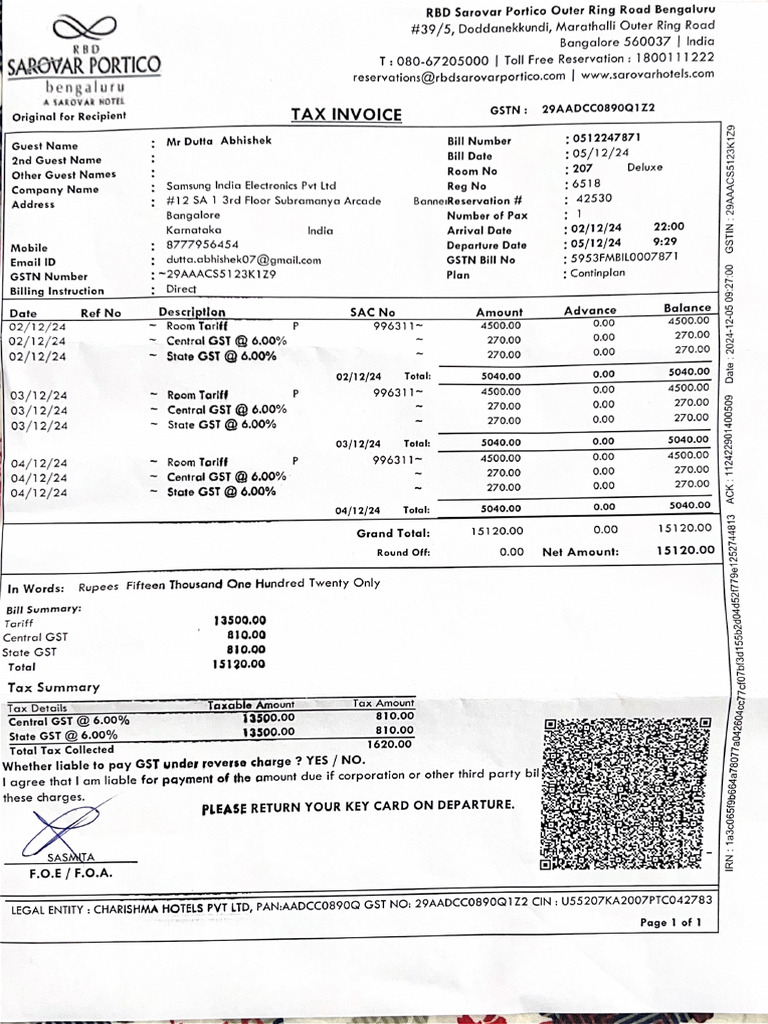Hotel Bill Bangalore | PDF
