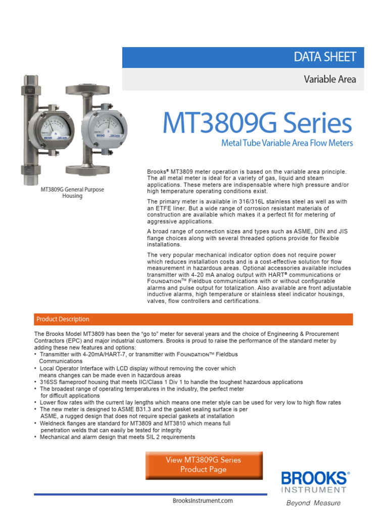 Variable Area Flow Meter Data Sheet Mt3809g Mt3809elf Mt3809tfe Mt3810 | PDF