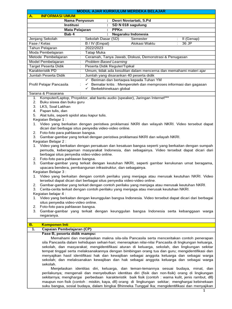 MODUL AJAR PPKN KLS IV Okk | PDF