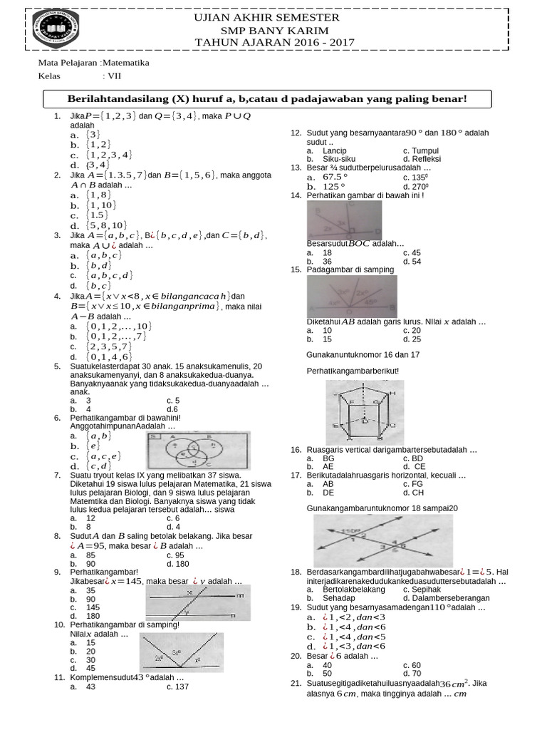 soal uas mtk klas 7 semester 2 | PDF