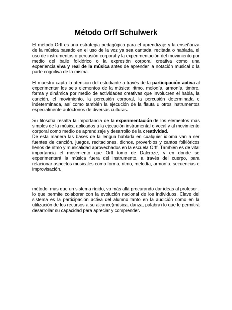 Método Orff: Música y Creatividad | PDF | Instrumentos musicales | Aprendizaje