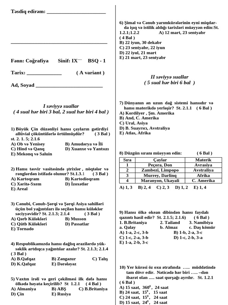 Sinif 9 BSQ 1 (A-15) Paylaşmayın! | PDF