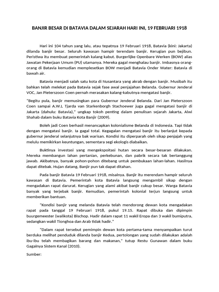 Banjir Besar Di Batavia Dalam Sejarah Hari Ini | PDF