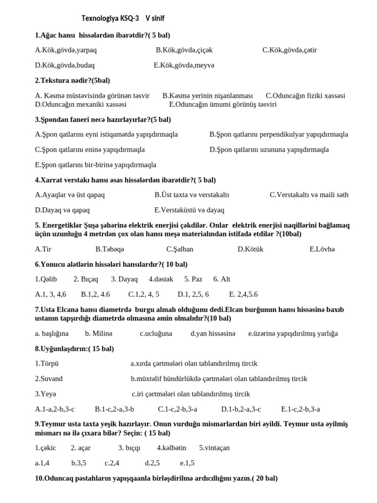 KSQ-3 V Sinif Texnologiya | PDF