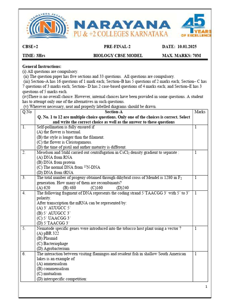CBSE+2 PREFINAL-2 BIOLOGY CBSE MODEL QP_10.01.2025_MH | PDF | Operon ...