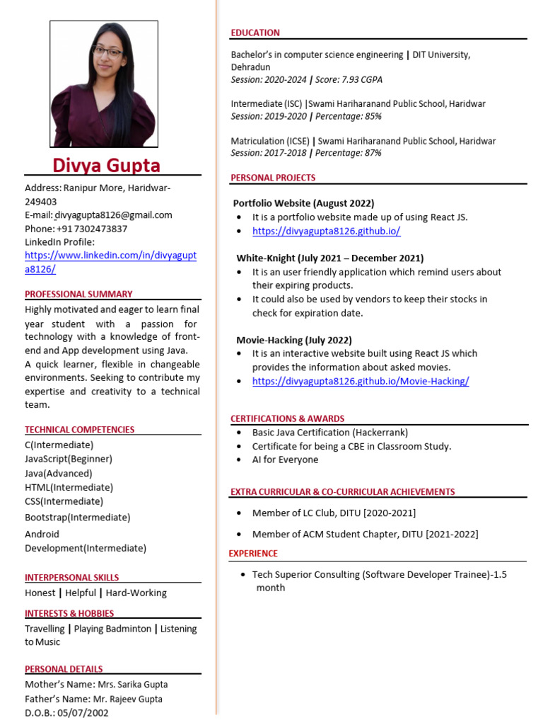 CV - Divya Gupta (Frontend) | PDF | Computing | Software Engineering