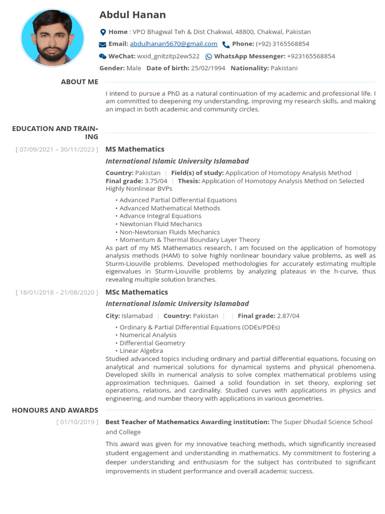 Abdul Hanan cv. (1) | PDF | Partial Differential Equation | Differential Equations