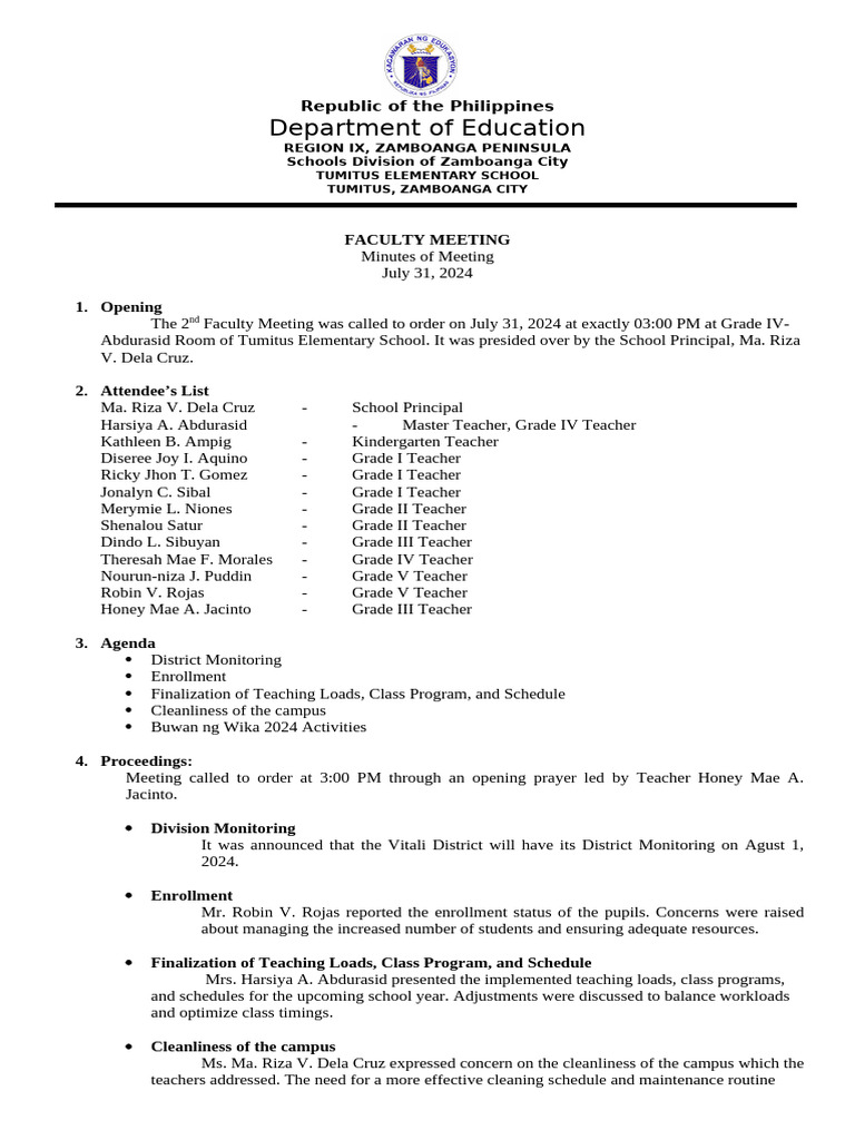 Faculty Meeting Minutes of The Meeting - G6 Assigned 07-31-24 | PDF