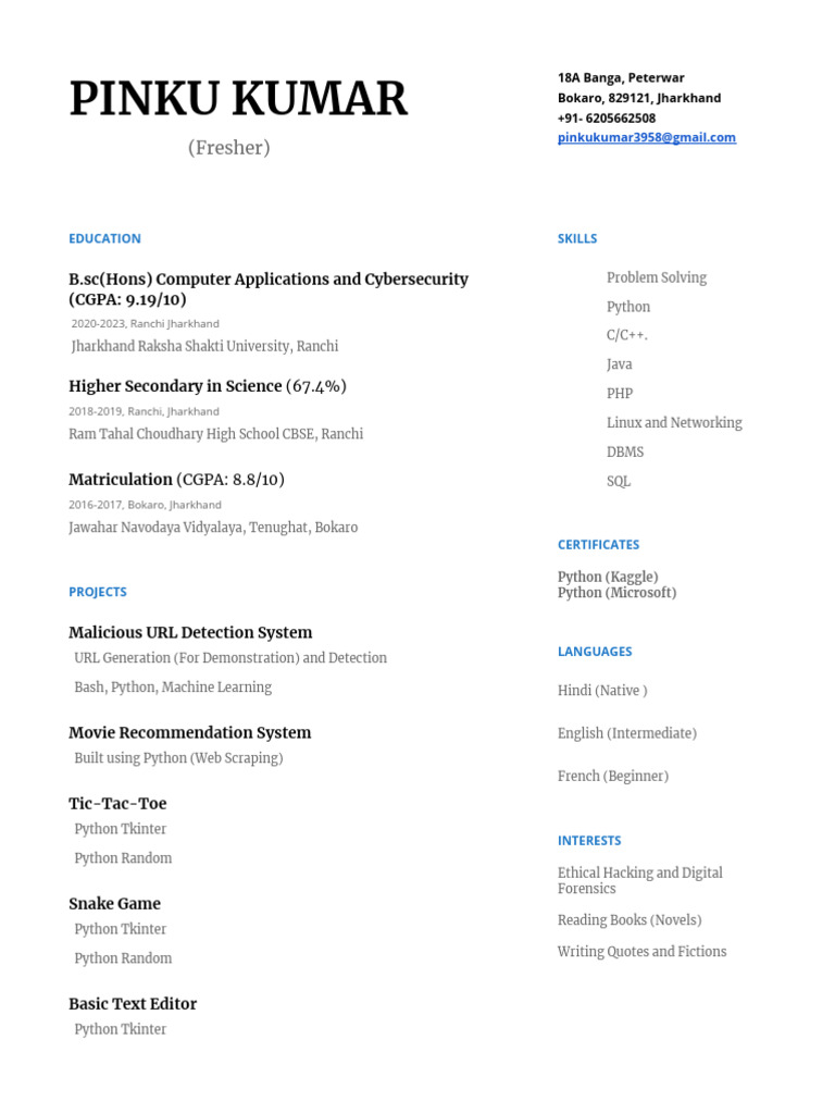 Pinku Kumar: (Fresher) | PDF