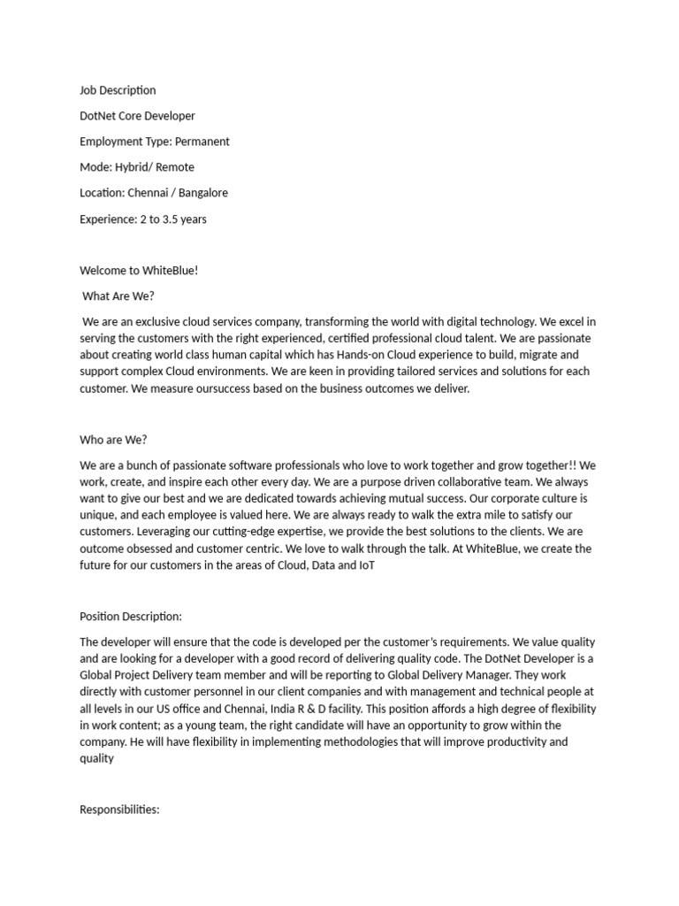 Job Description - Dotnet Core | PDF | Cloud Computing | Microsoft Azure