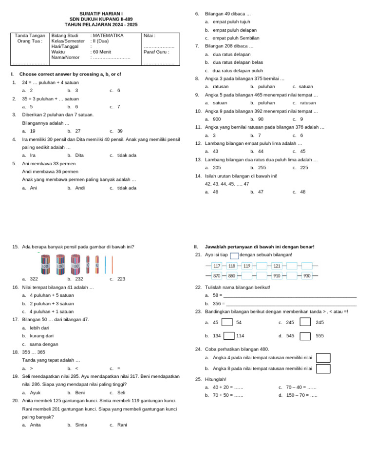 Soal PH 1 Mat Kelas 2 Ok | PDF
