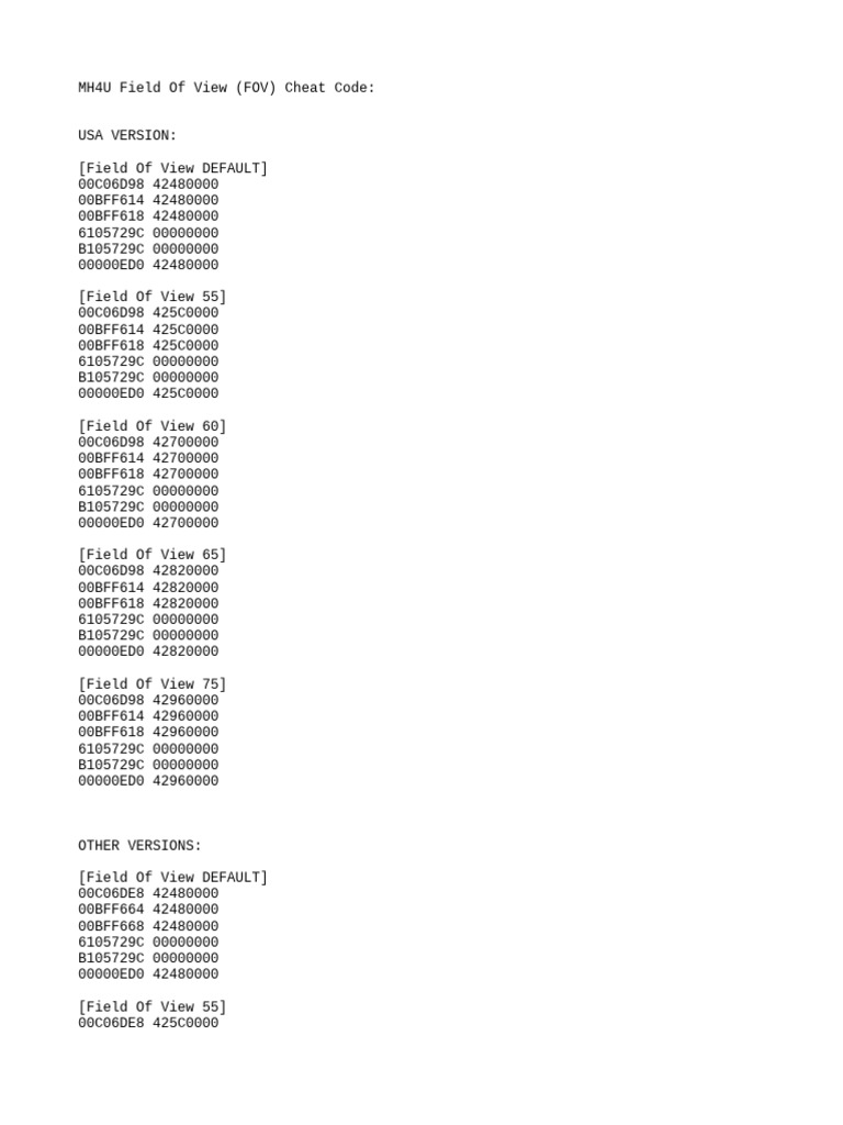 MH4U Field of View Cheat Codes | PDF
