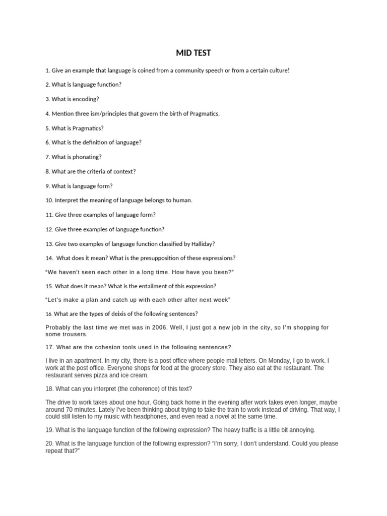 Language and Pragmatics Mid Test Questions | PDF