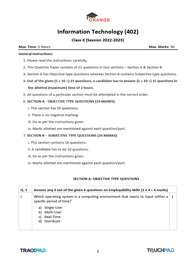 IT 402 Class 10 Sample Paper | PDF | Databases | Database Index
