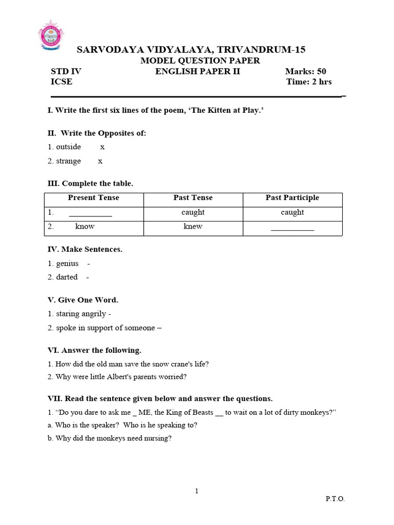 4 Icse English Reader Anjitha Model QP | PDF
