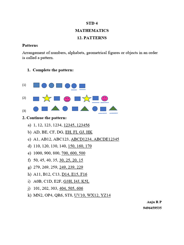 Class 2 Maths Patterns Worksheet | PDF