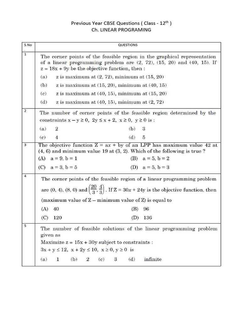 1 Mark MCQ (Previous Year CBSE ) LINEAR PROGRAMING | PDF