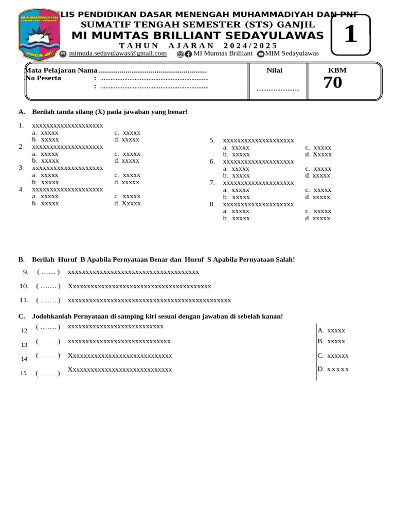 Format Soal STS Kls 1 | PDF