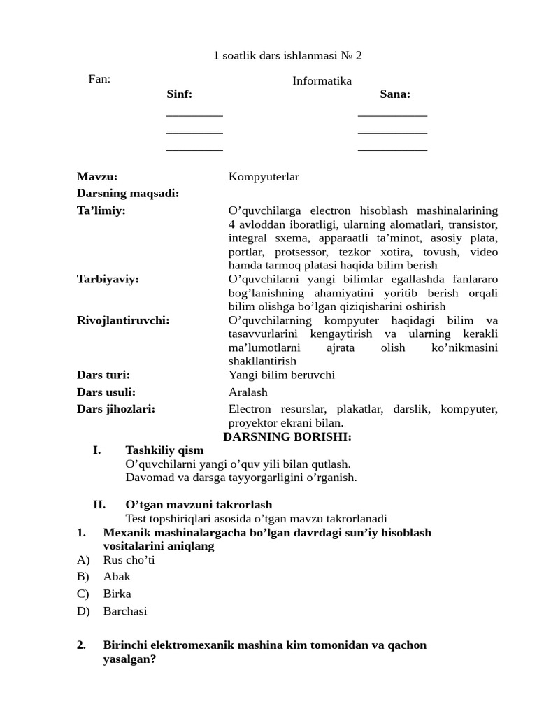 1 Soatlik Dars Ishlanmasi 2 | PDF