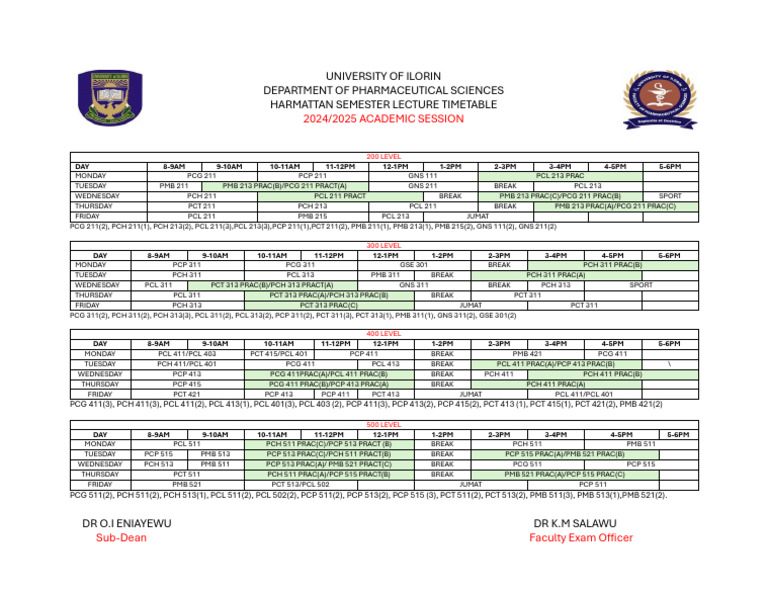 Pharmaceutical Sciences - 2024 - 2025 - Harmattan Semester Timetable ...