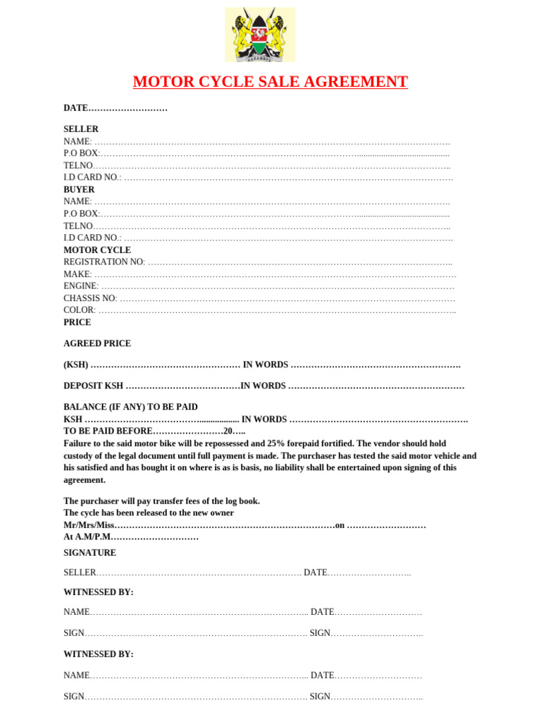 Motorcycle Sale Agreement Template | PDF