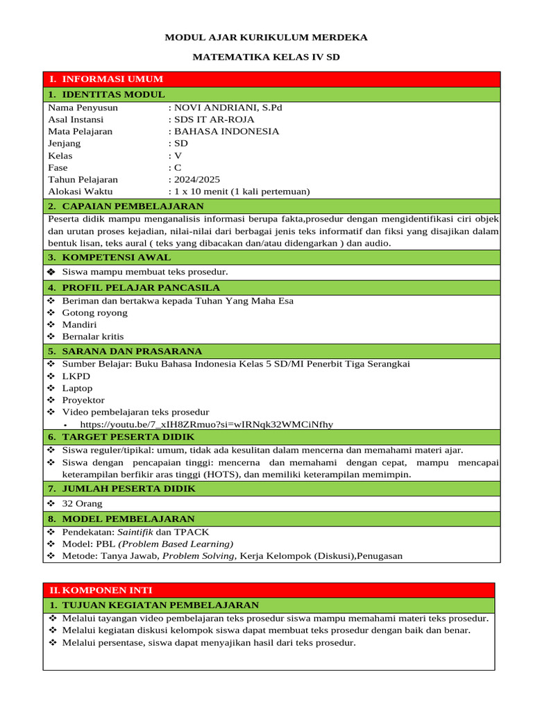 Modul Ajar Mikro Teaching Kelas 5 | PDF