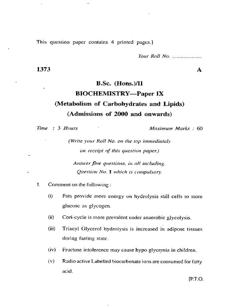 B.SC (Hons) Ii Biochemistry Paper Ix (Metabolism of Carbohydrates and ...