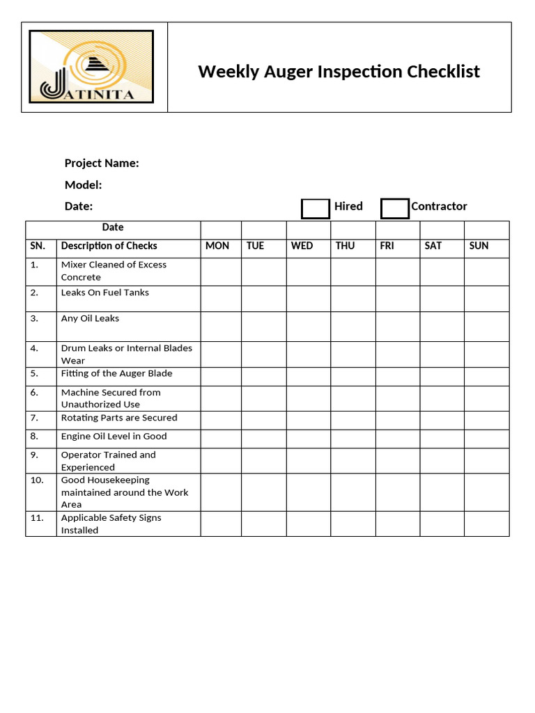 Jatinita Auger Machine Inspection Checklist | PDF