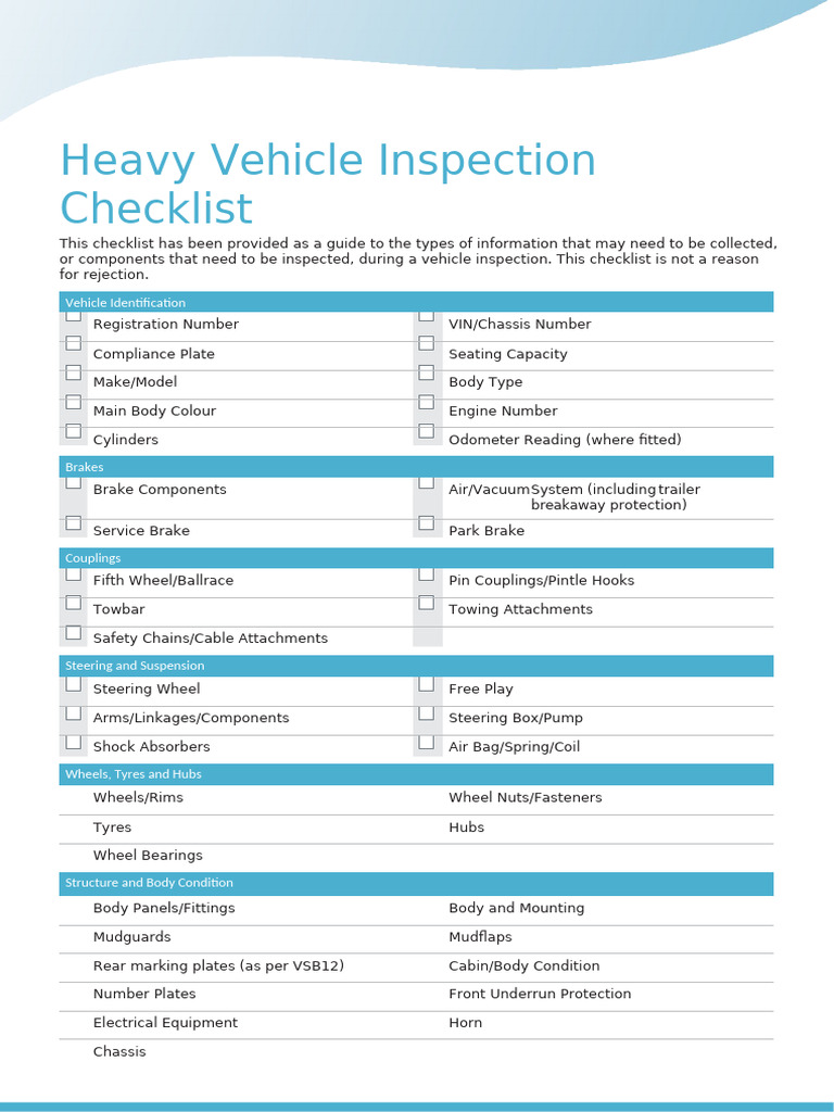 Heavy Vehicle Inspection Checklist | PDF | Steering | Vehicles