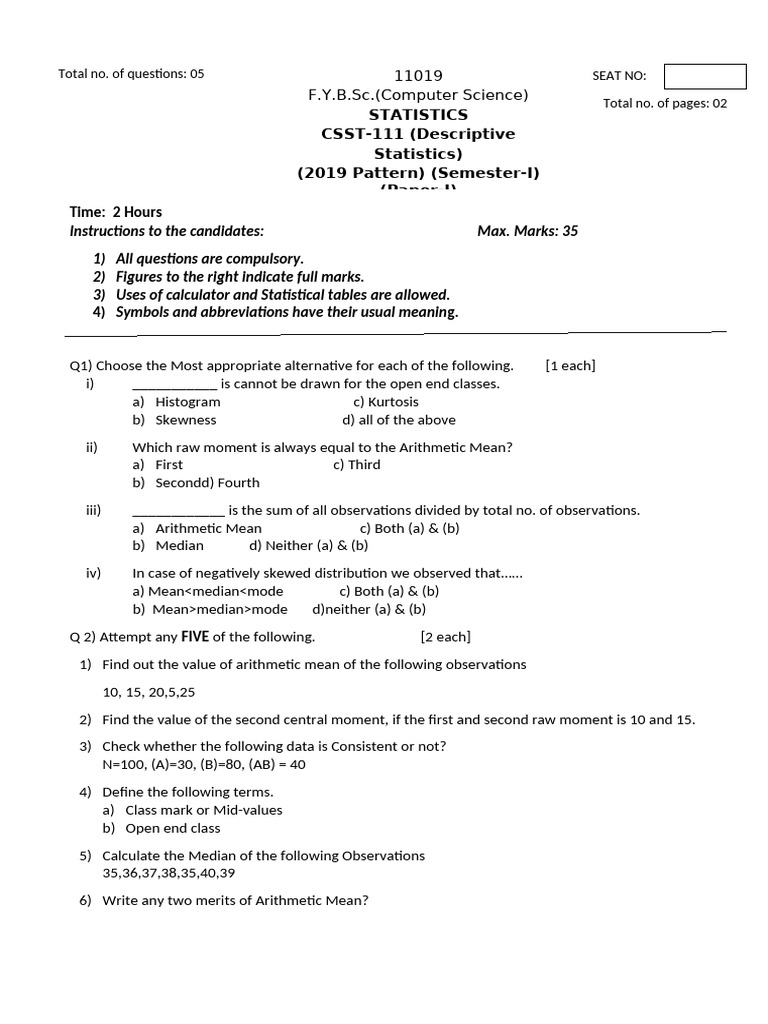 Descriptive Statistics Set 2 | PDF | Mean | Skewness