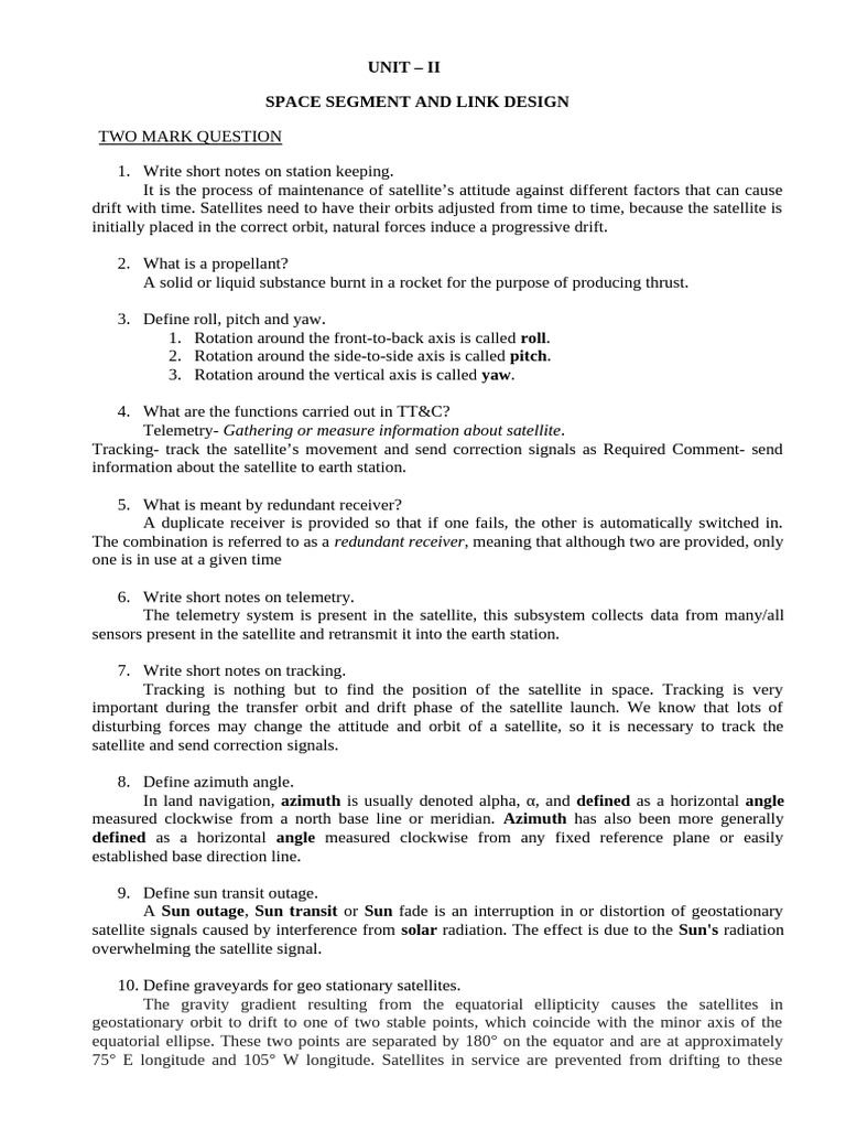 Unit II Two Mark Question Bank | PDF | Satellite | Sun