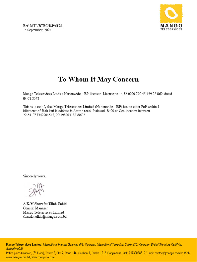 Mango Teleservices ISP Certification Letter | PDF