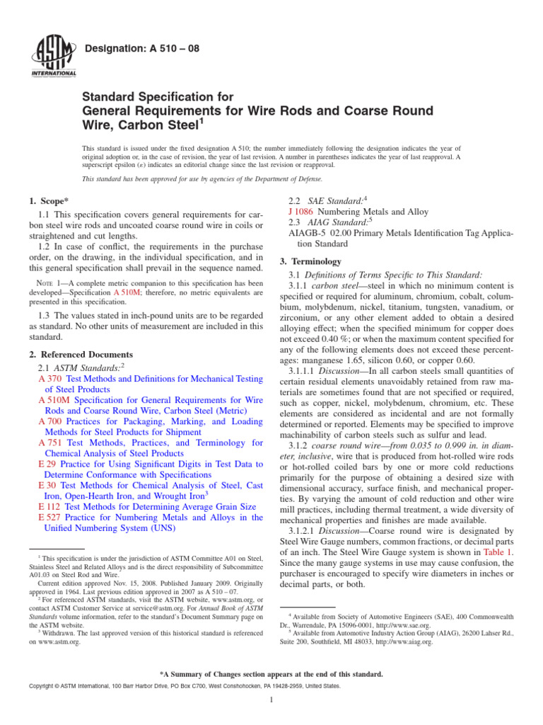 ASTM A510 08 碳素钢盘条和粗拔圆钢丝一般要求规格 | PDF | Steel | Rolling (Metalworking)