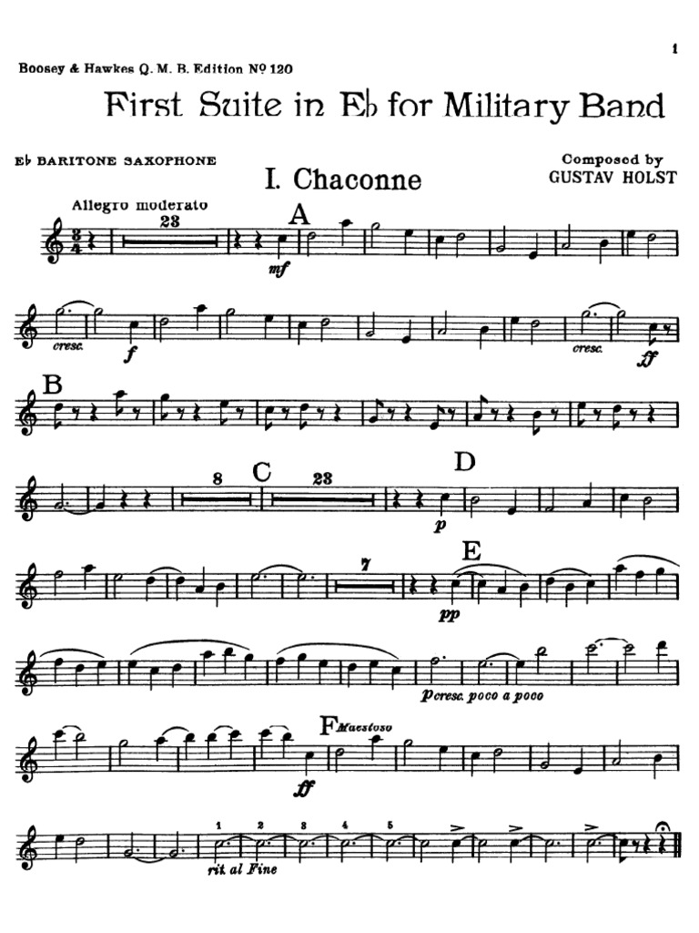 Holst First Suite in Eb Bari and Bass Sax Parts | PDF