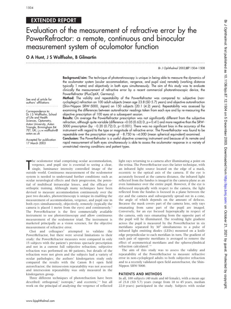 Evaluation of The Measurement of Refract | PDF | Human Eye | Eye