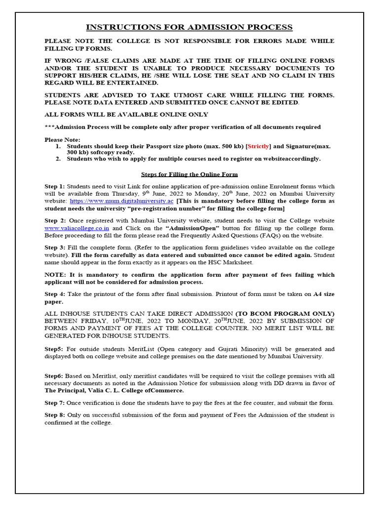 Admission Process Instructions 2024 | PDF