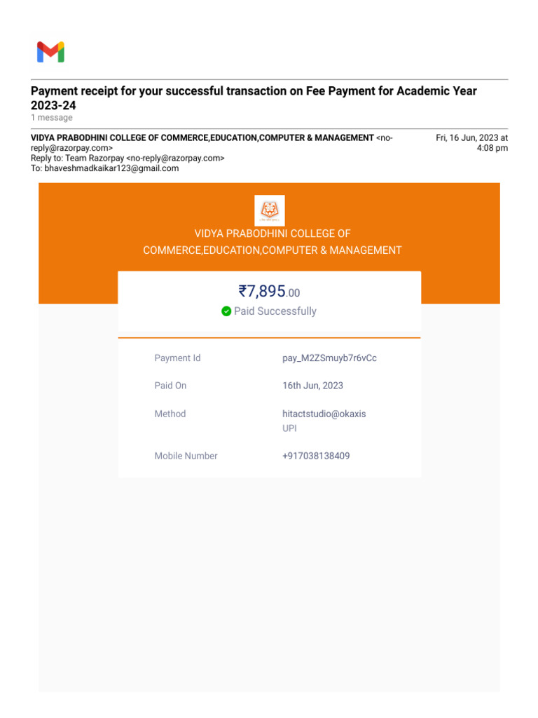 Gmail - Payment Receipt For Your Successful Transaction On Fee Payment For Academic Year 2023-24 ...