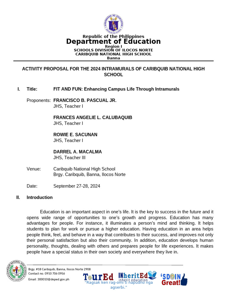 Activity Proposal For The 2023 Intramurals of Caribquib National High School | PDF | Sports