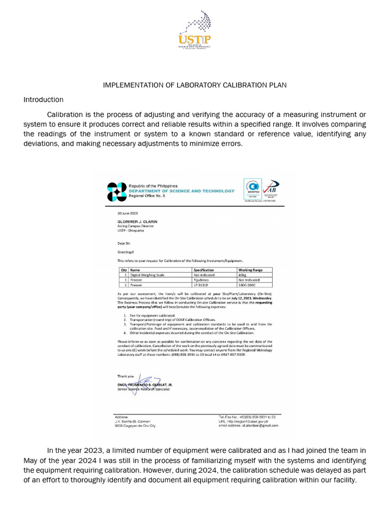 Implementation of Laboratory Calibration Plan | PDF | Calibration