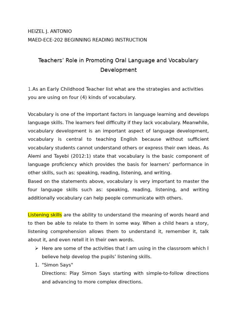 MAED-ECE-202 Teachers' Role in Promoting Oral Language and Vocabulary ...