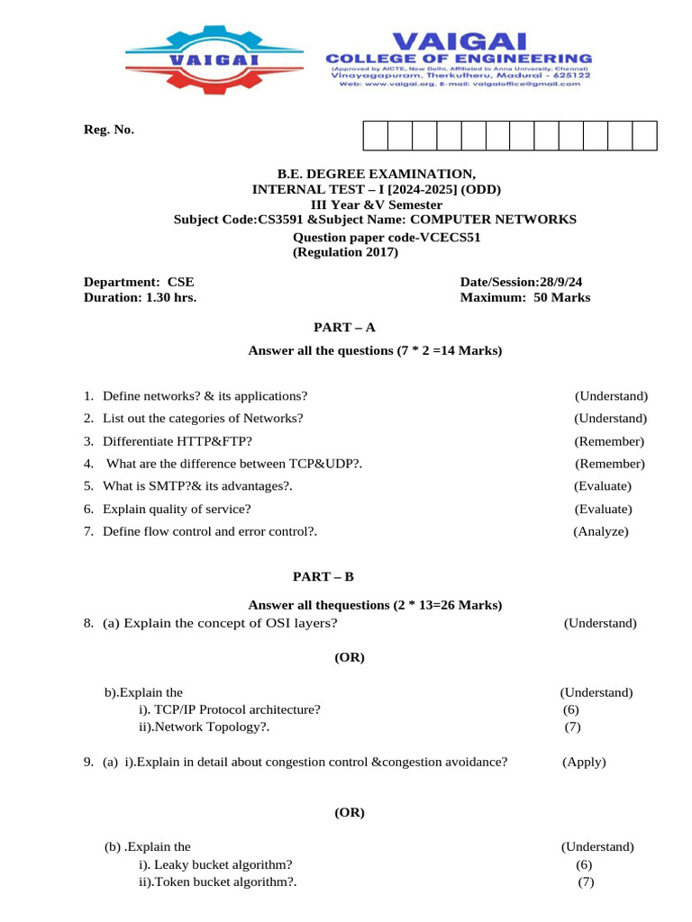 Computer Networks-Internal 1 Qns Paper | PDF | Transmission Control ...