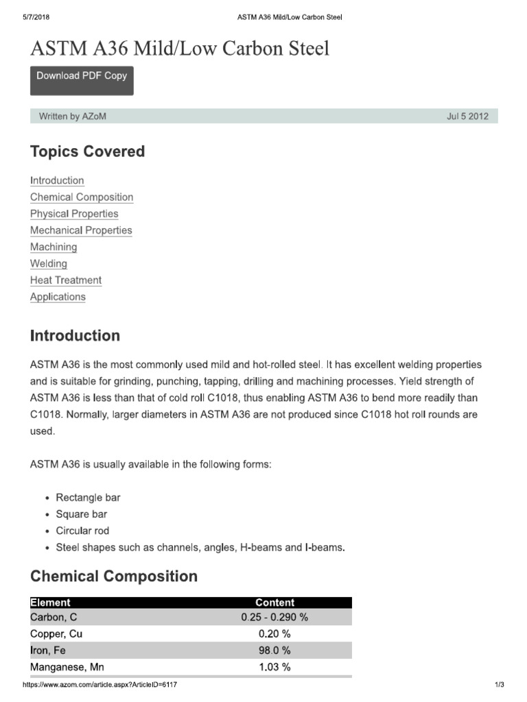 ASTM A36 Mild - Low Carbon Steel | PDF | Steel | Iron