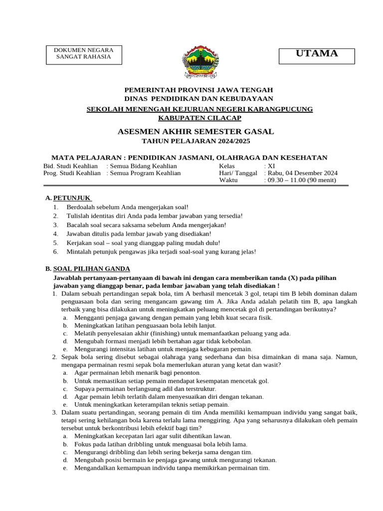 SOAL PJOK KELAS XI AAS 2024 | PDF