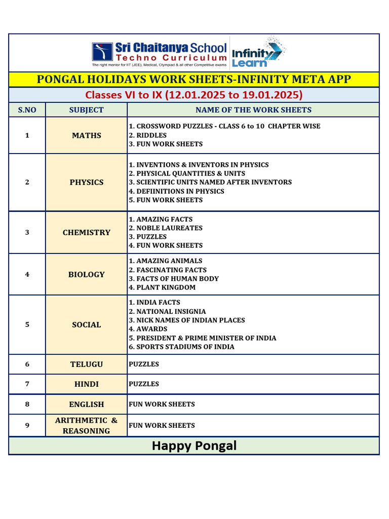 Pongal Holidays Work Sheets-Infinity Meta App For Vi To Ix Classes | PDF